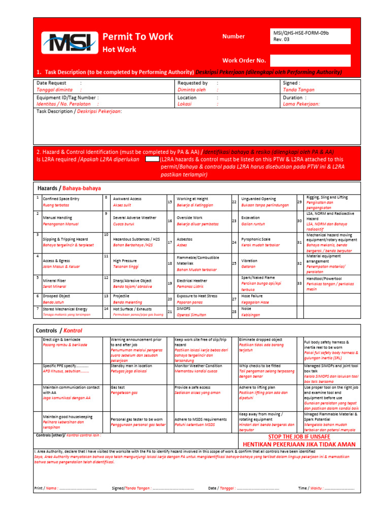 9 Permit To Work - Hot Work 9b Rev-03 | PDF