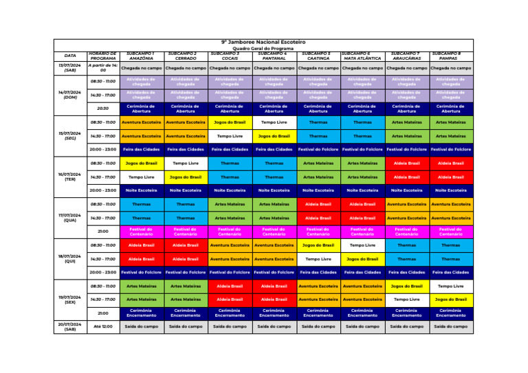 Jamboree Do Centenário 2024 - Programa Geral - XLSX - Planilha1 | PDF | Escotismo | Movimentos ...