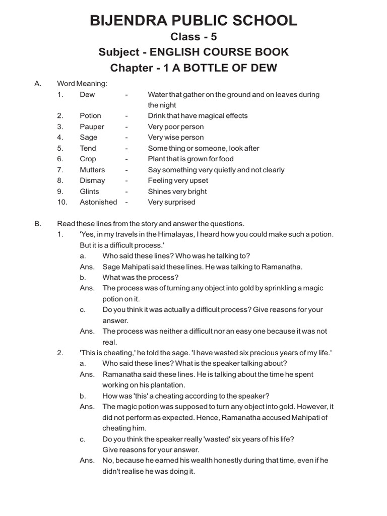 Class-5-Subject-English-Course-Book-Chapter-1-A-Bottle-of-Dew | PDF