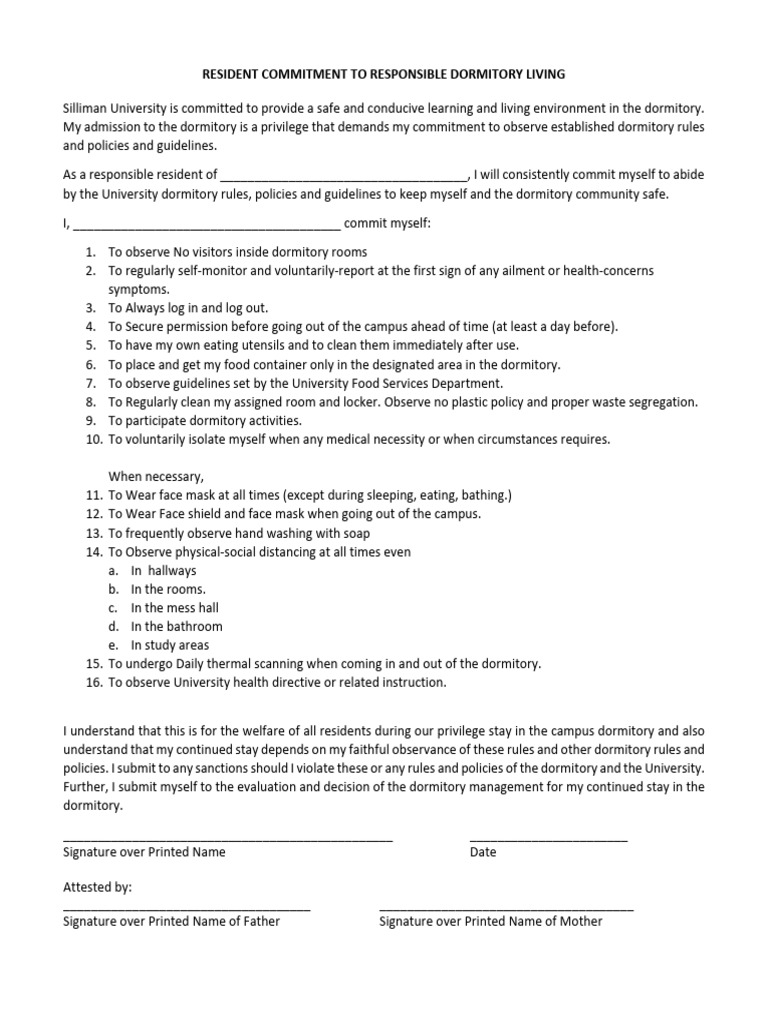 Resident Commitment To Responsible Dormitory Living 2023 | PDF | Dormitory