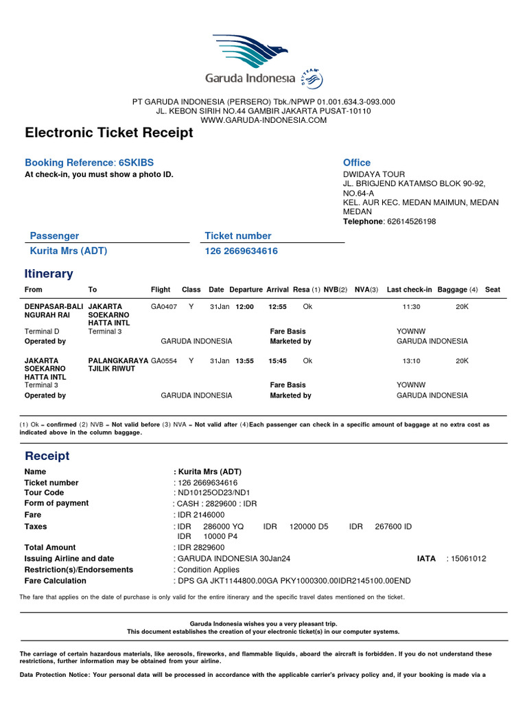 Garuda Indonesia Electronic Ticket Receipt | PDF