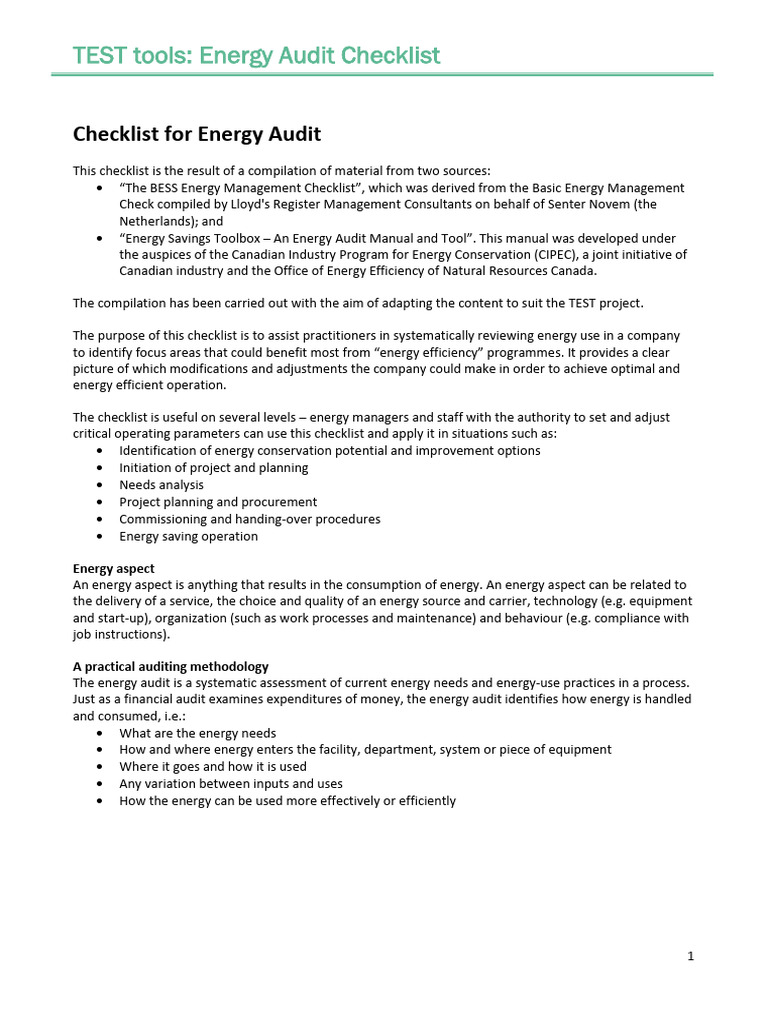 T 1.7 Energy Audit Checklist | PDF | Boiler | Air Conditioning