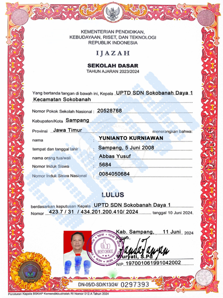 Contoh Penulisan Ijazah SD 2024 | PDF