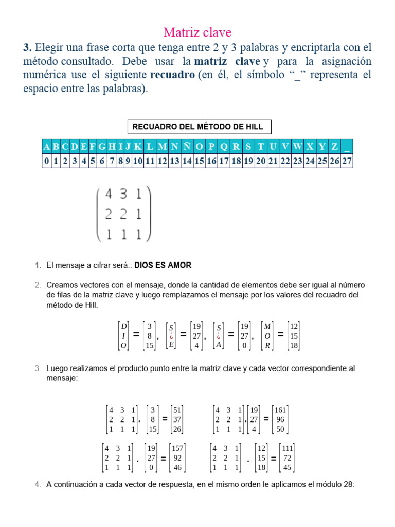 Encriptación Metodo de Hill | PDF | Matriz (Matemáticas) | Álgebra lineal