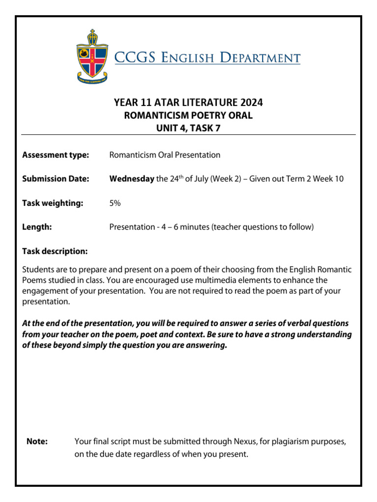 2024 Year 11 Lit Romanticism Unit 4 - Task 7 - Oral | PDF | Poetry ...