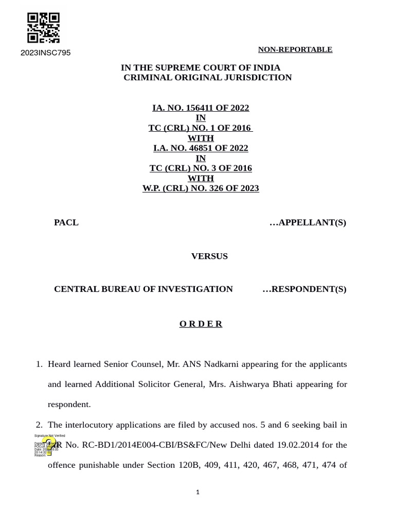 Supreme Court Bail Order - PACL Case | PDF | Bail | Interlocutory Appeal