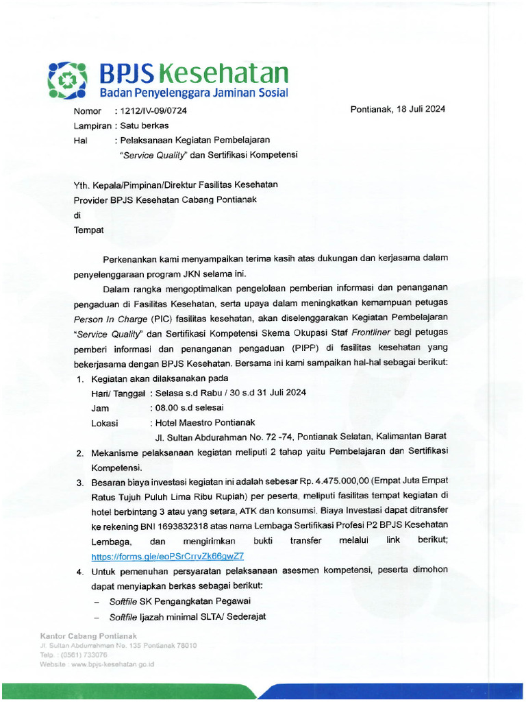 Surat Pelaksanaan Sertifikasi PIPP PIC JKN-1 | PDF