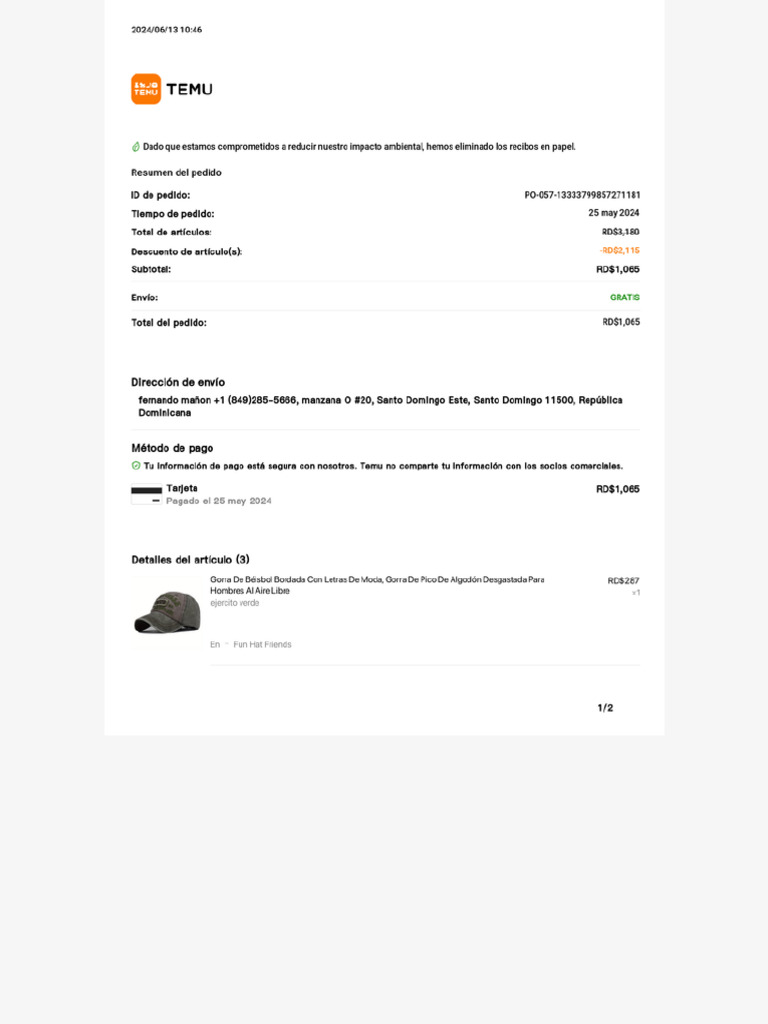 Recibo de Pago Temu | PDF