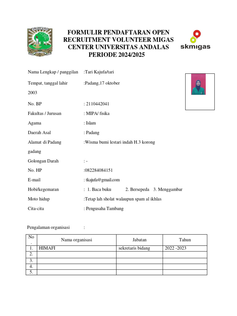 Formulir or Volunteer SKK Migas Unand 2024 | PDF | Ilmu Sosial