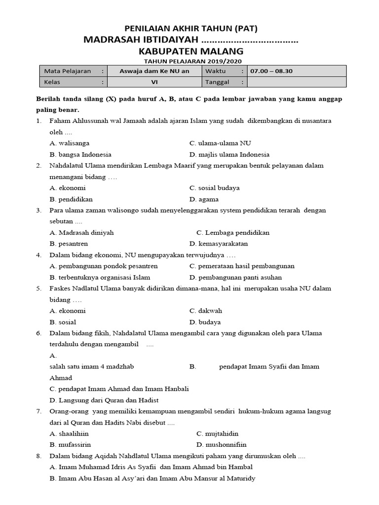 3-Lembar Soal Aswaja Pat KLS 6 2020 | PDF