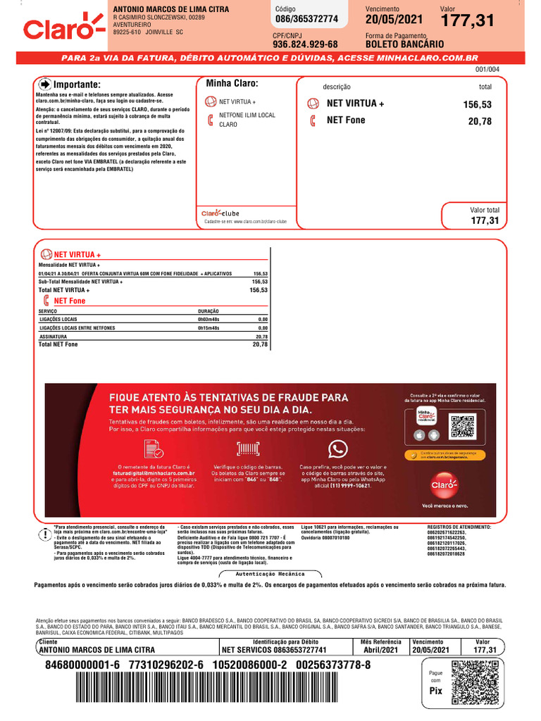 Fatura Claro | PDF | Bancos | Serviços financeiros