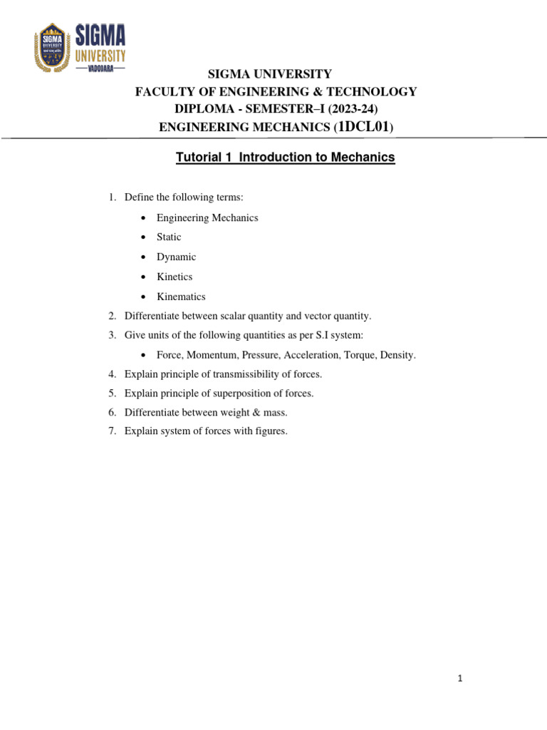 Engineering Mechanics - Tutorial | PDF