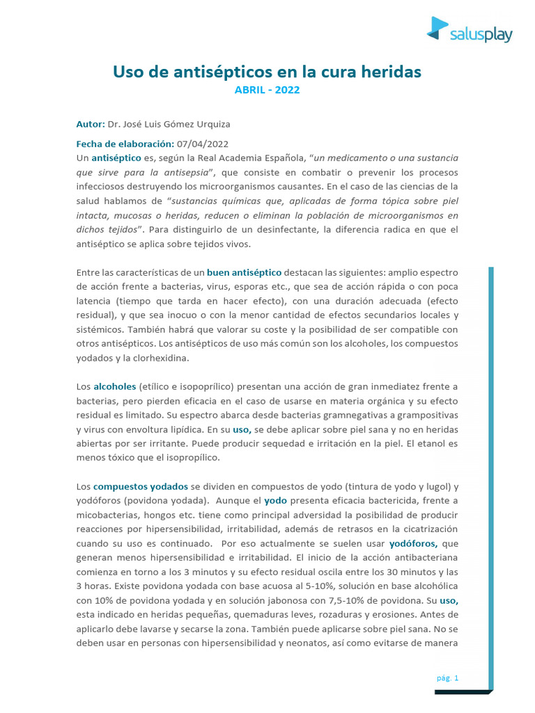 1 - Uso de Antisepticos Cura Heridas | PDF | Etanol | Peróxido de hidrógeno