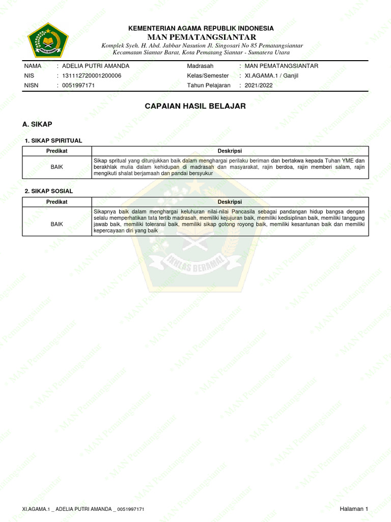 Rapor XI - AGAMA.1 - ADELIA PUTRI AMANDA - 0051997171 | PDF