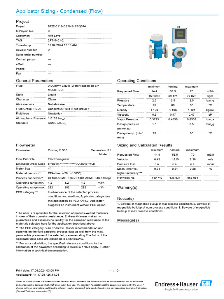 Sizing-0417 For E H Flow Meter | PDF | Flow Measurement | Fluid Dynamics