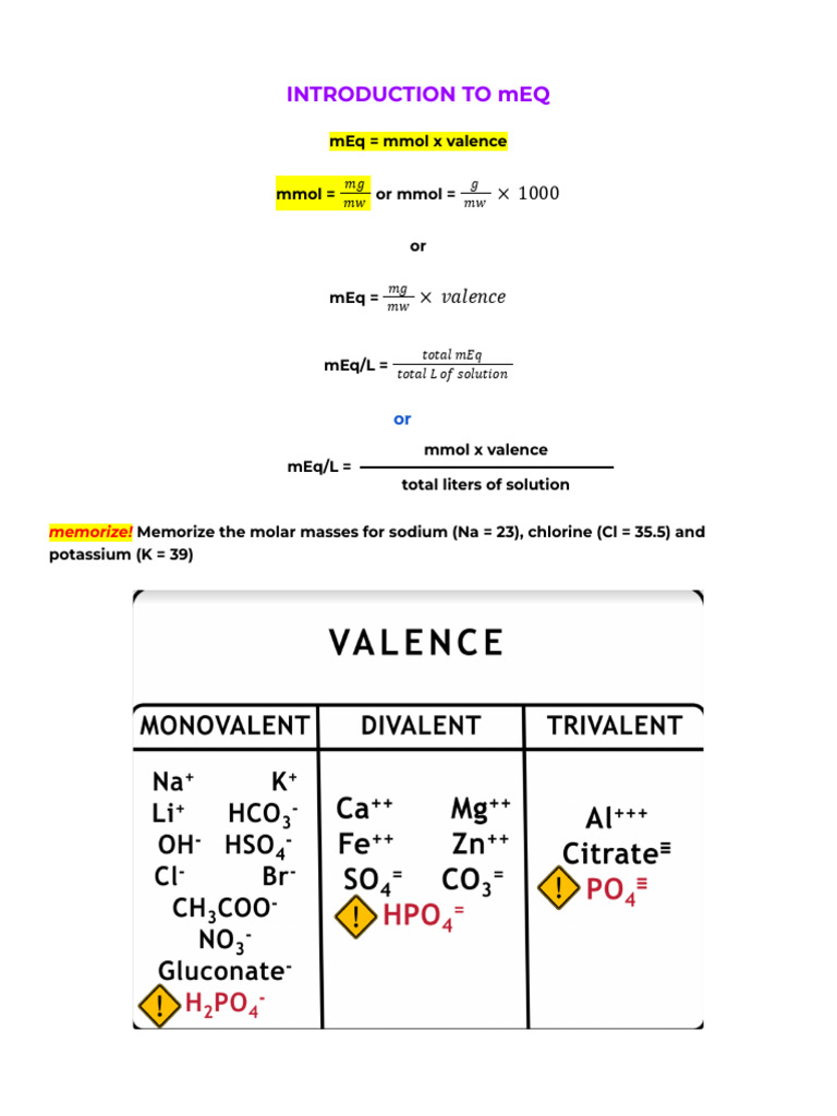 MEq and Mmol Tutorial With Key v4 | PDF | Ion | Potassium Chloride