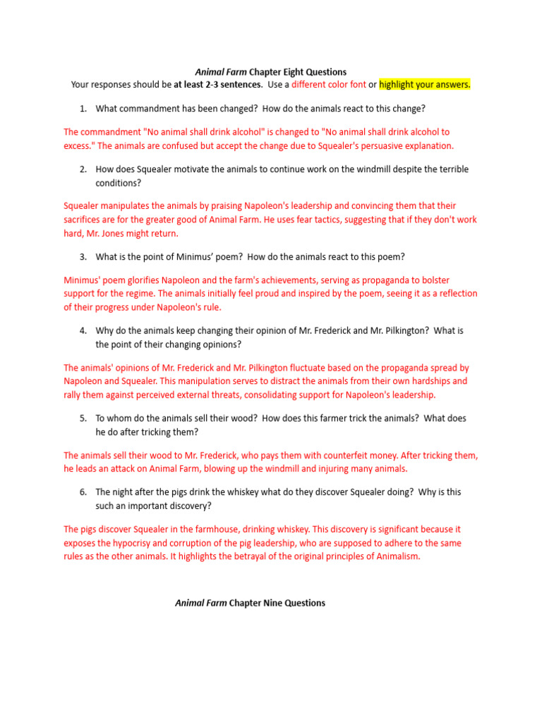 Animal Farm Chapter 8&9 Questions | PDF