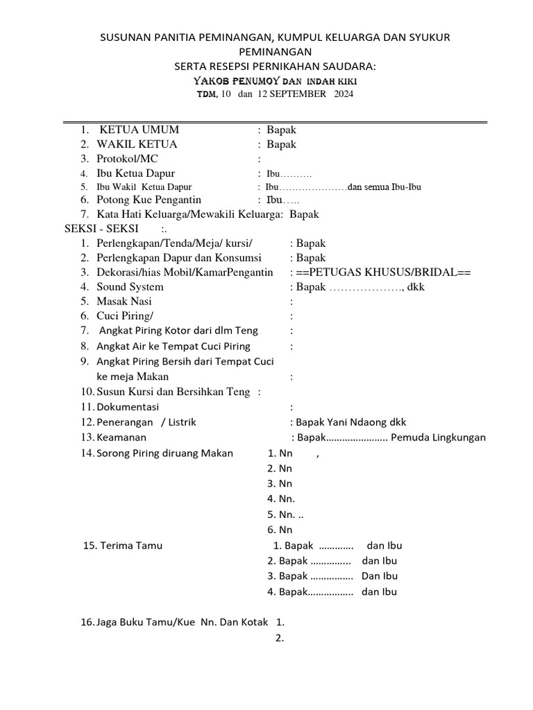 Susunan Panitia Peminangan KK Indah Kiki | PDF