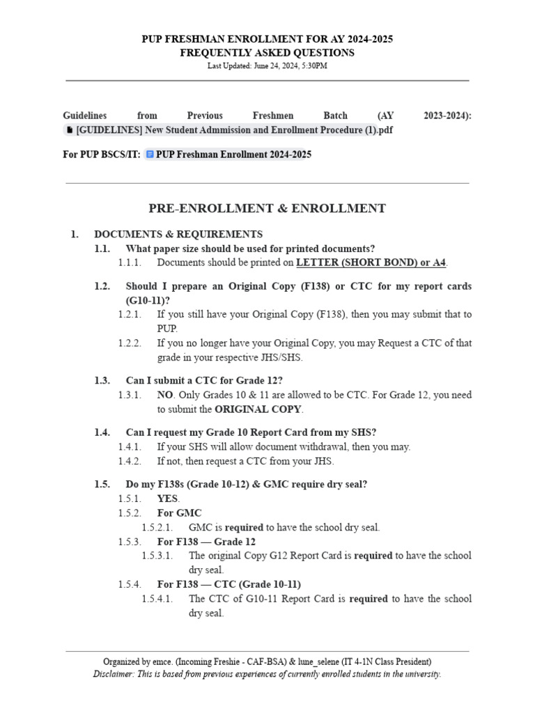 PUP Freshman Enrollment FAQs 2024-2025 | PDF | Career & Growth