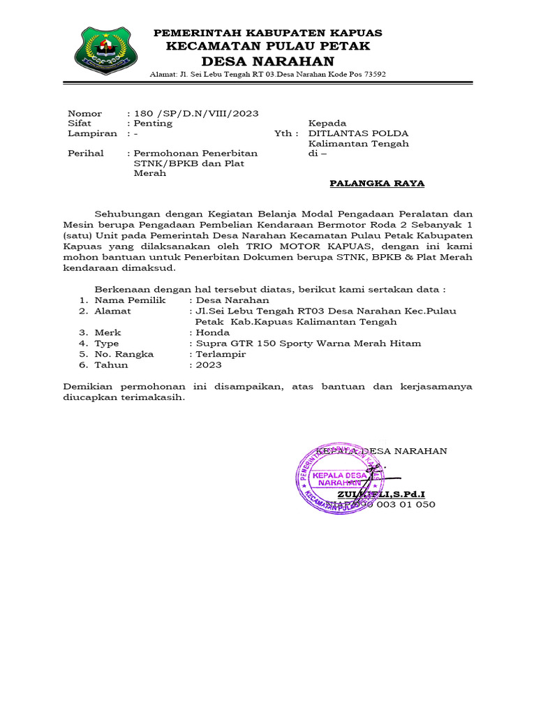79 2022 Surat Permohonan Penerbitan STNK Atau BPKB Motor Plat Merah | PDF