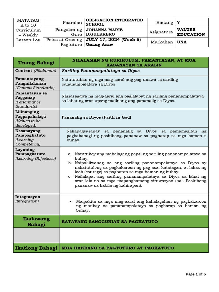 LESSON PLAN IN VAL ED 7 24-25 | PDF