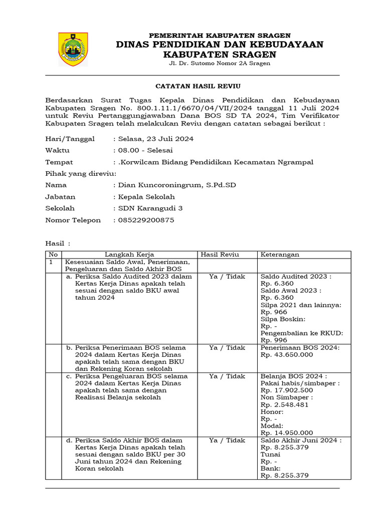 Reviu Pertanggungjawaban Dana BOS SD 2024 | PDF