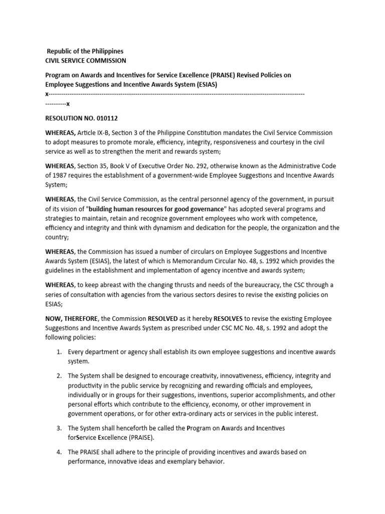 CSC - Resolution 010112-PRAISE | PDF | Incentive | Civil Service