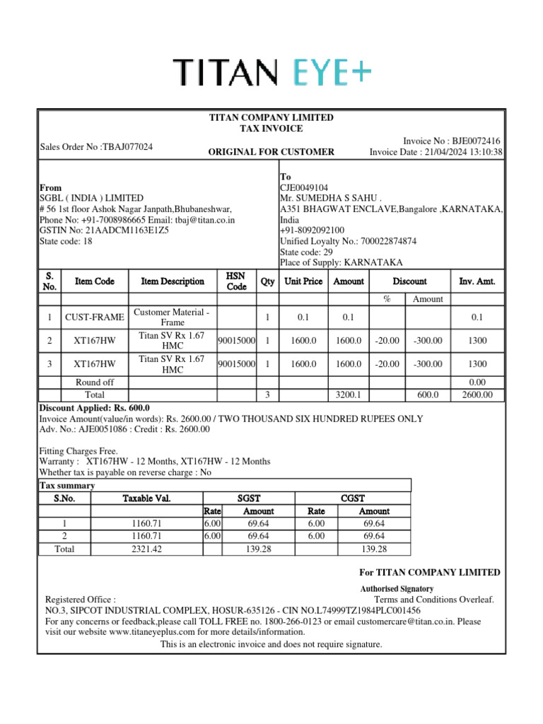 Titan Eye Plus Invoice Details | PDF | Glasses