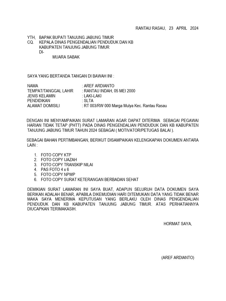Lamaran PPKB Aref Ardianto 1 | PDF