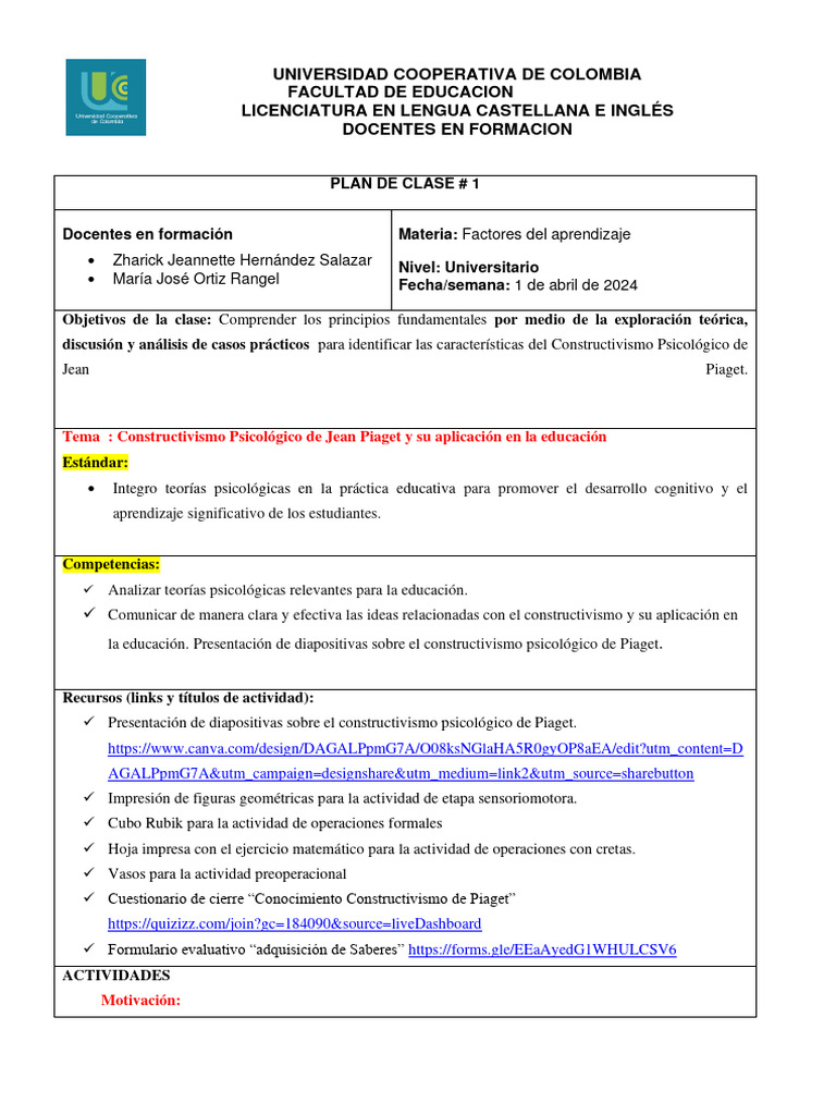 Formato de Planeacion de Clase | PDF | Constructivismo (filosofía de la educación) | Aprendizaje