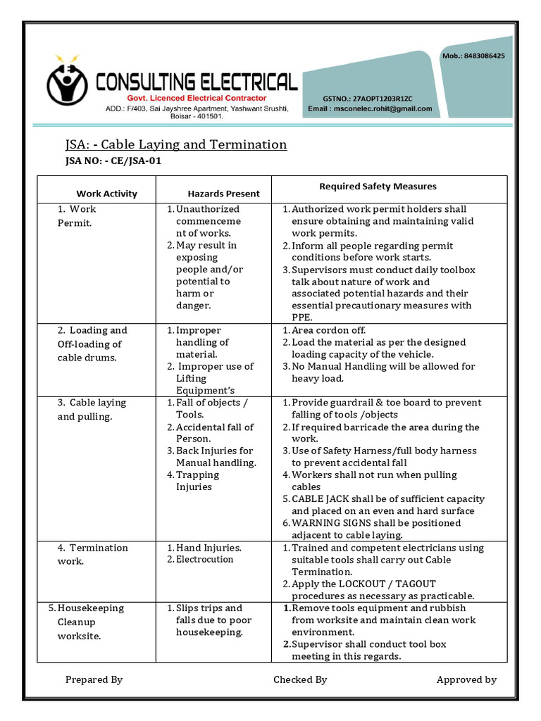 JSA-01 Cable Laying and Termination | PDF | Labor Relations | Workplace