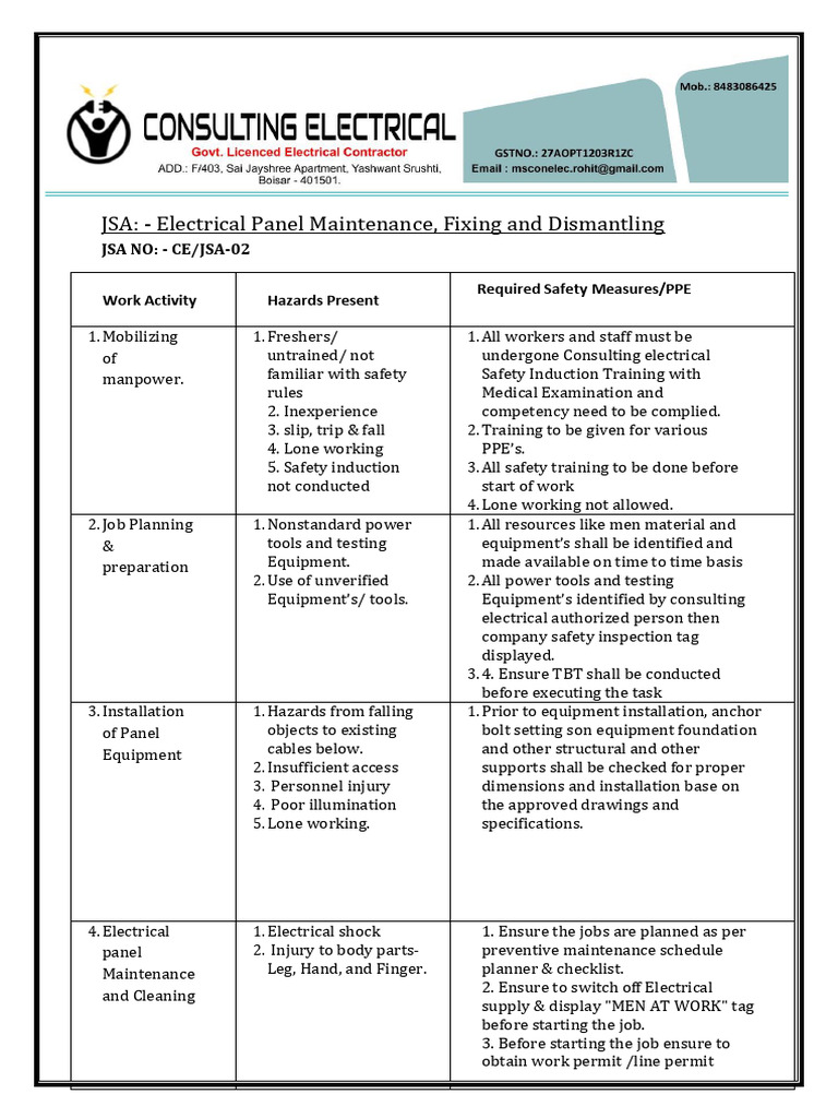 JSA - 02 Electrical Panel Maintenance, Fixing and Dismantling | PDF ...