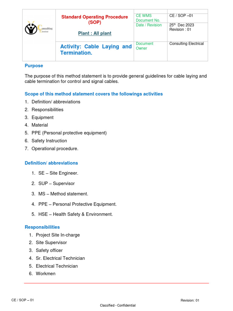 SOP 01 Cable Laying and Termination. | PDF | Personal Protective Equipment | Electrical Connector