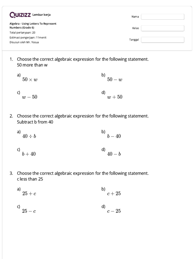 Algebra - Using Letters to Represent Numbers (Grade 6) _ Quizizz ...