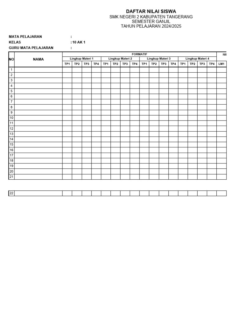 Format Nilai Kumer Kelas 10 | PDF