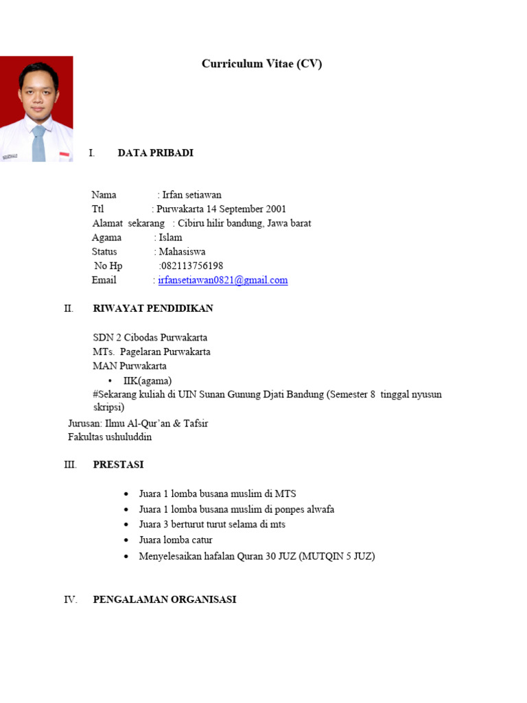 CV - Irfan Setiawan Terbaru 2024 | PDF