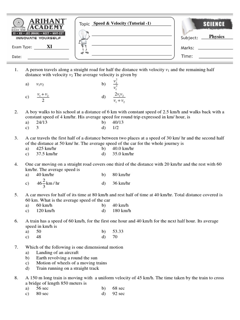 Xi-Speed and Velocity - Tutorial - 1 - Question Paper | PDF | Speed | Velocity