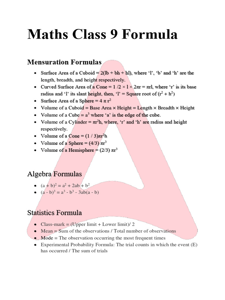 Maths Class 9 Formula | PDF