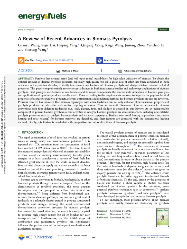 Wang Et Al 2020 A Review of Recent Advances in Biomass Pyrolysis | PDF | Pyrolysis | Cellulose