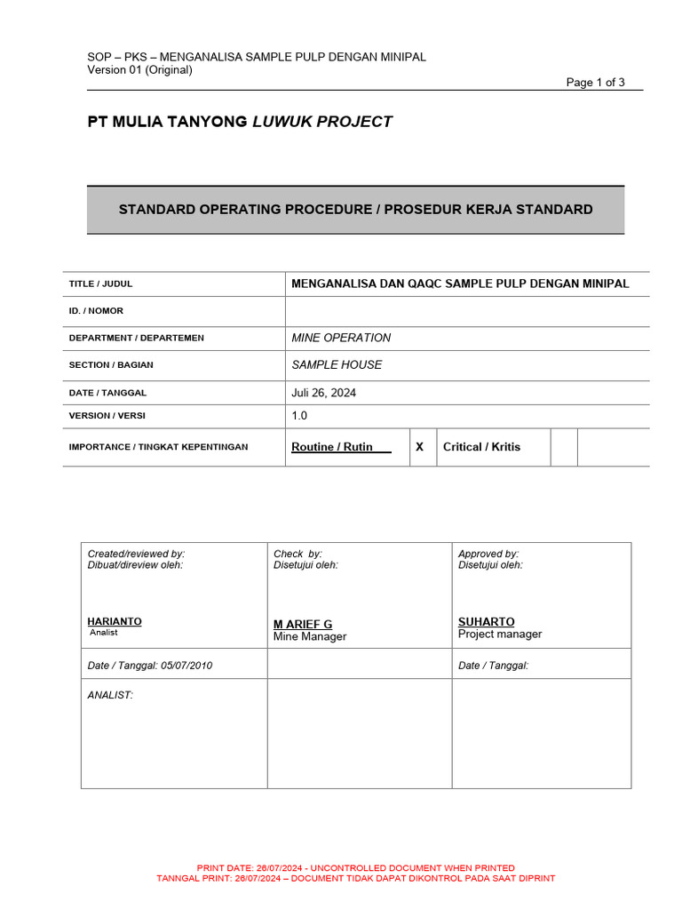 Sop - Menganalisa Sample Duplo (Inco Ore) Dengan Minipal | PDF