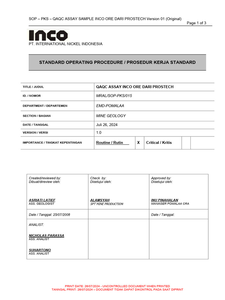 Sop - Qaqc Assay Dari Prostech (Inco Ore) | PDF