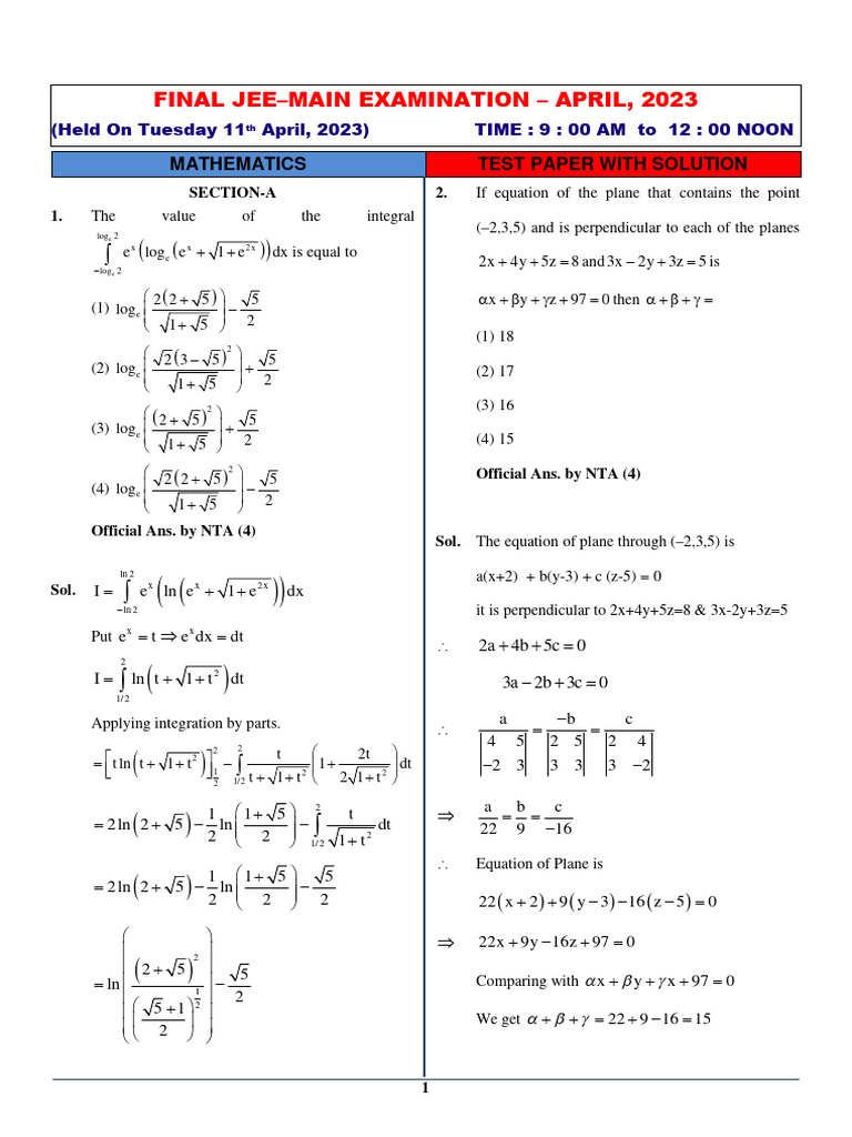 JEE Mains 2023 Shift 1 Question Paper 11 Apr With Solutions PDF | PDF | Mathematical Objects ...