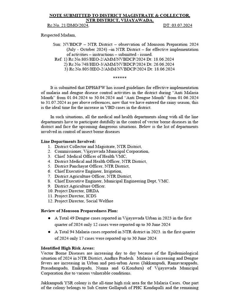 Note On Monsoon Preparation 2024 | PDF | Malaria | Mosquito Net