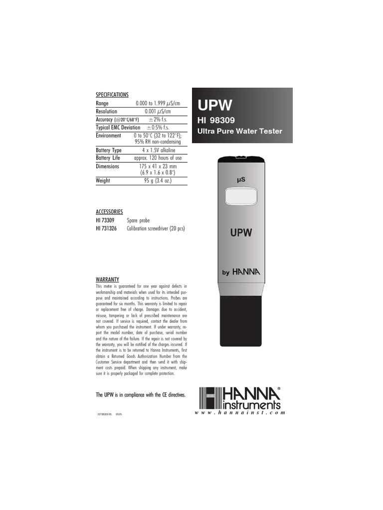 Hanna Ultra Pure Water Tester HI - 98309 - User Manual | PDF | Calibration