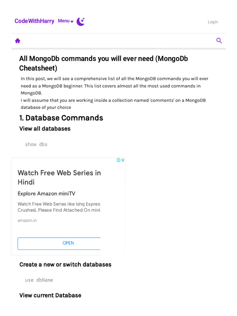All MongoDb Commands You Will Ever Need (MongoDb Cheatsheet) - CodeWithHarry | PDF | Application ...