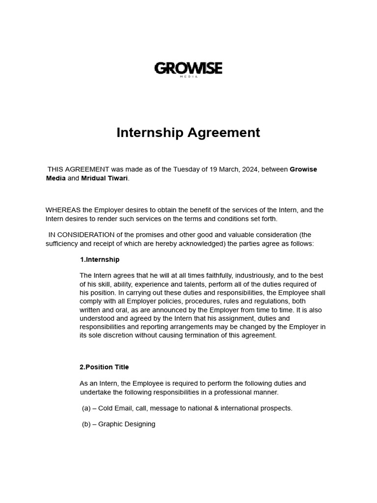 Internship Agreement For Mridual Tiwari | PDF | Internship | Job Hunting