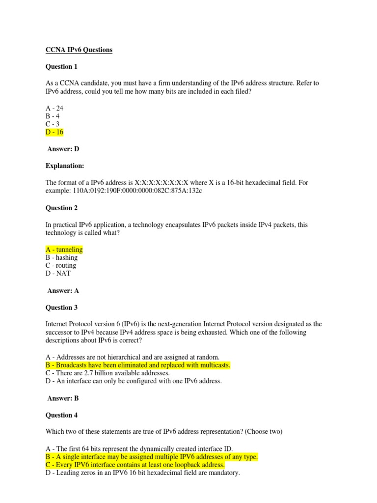Ccna Ipv6 Questions Pdf I Pv6 Computer Architecture