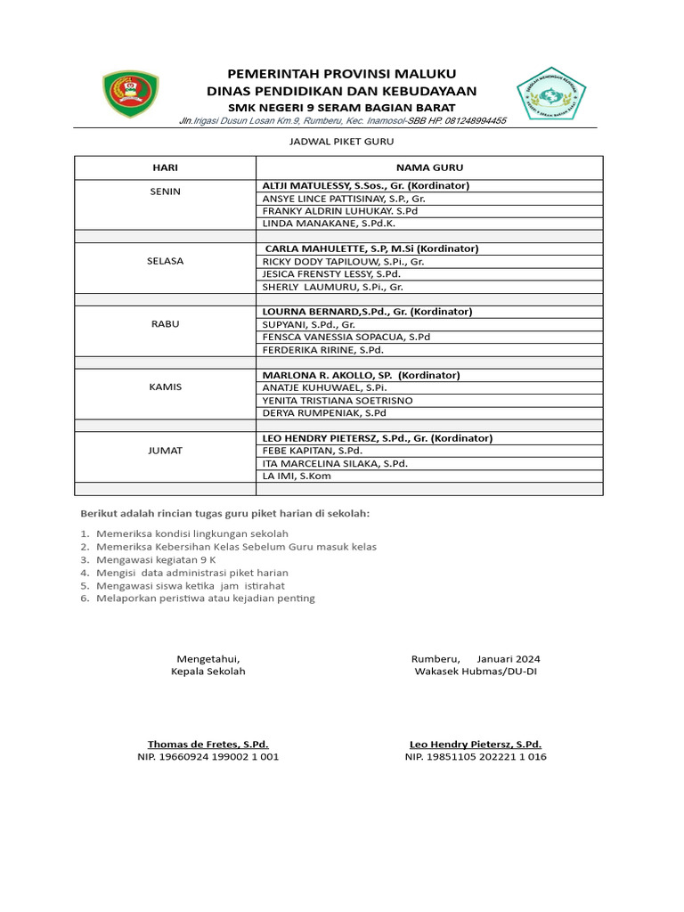 Jadwal Piket Dan Pembagian Tugas Wakasek SMKN 9 SBB | PDF