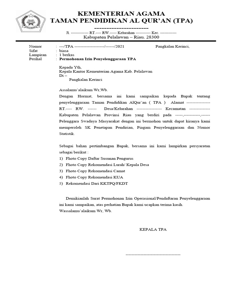 Format Pendirian TPQ | PDF