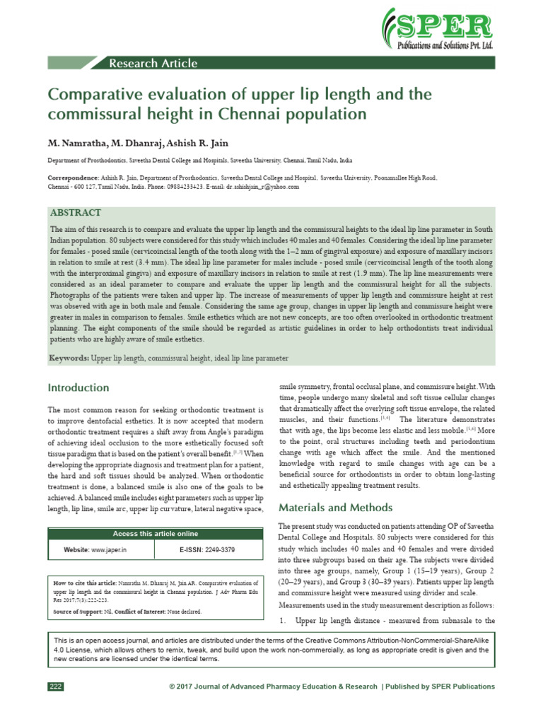 Comparative Evaluation of Upper Lip Length and The Commissural Height ...